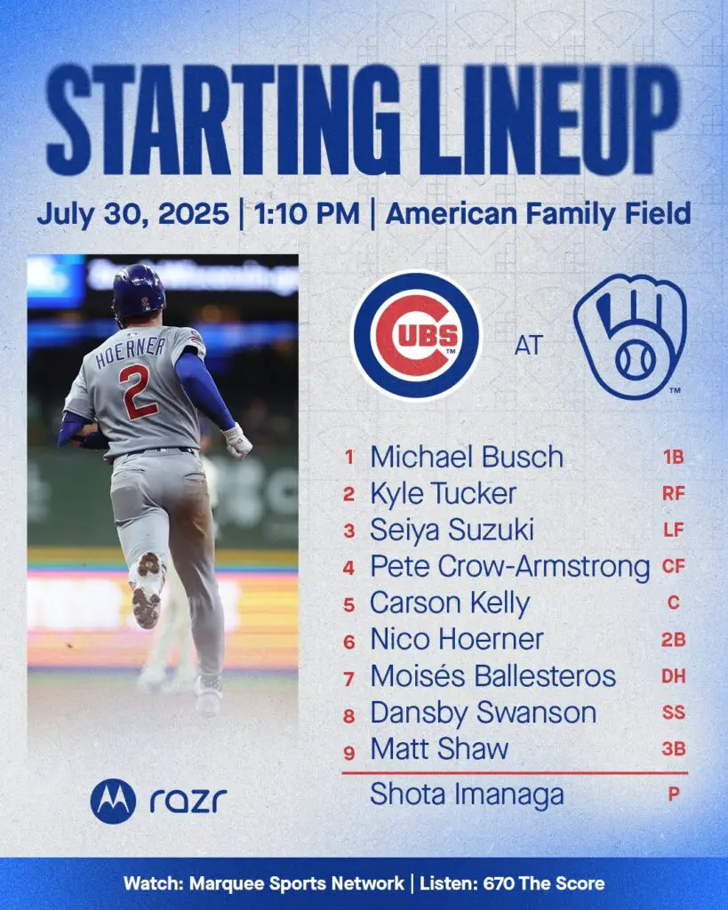 Chicago Cubs Lineup (7/30/25): Suzuki LF, Mo Baller DH, Imanaga Starting
